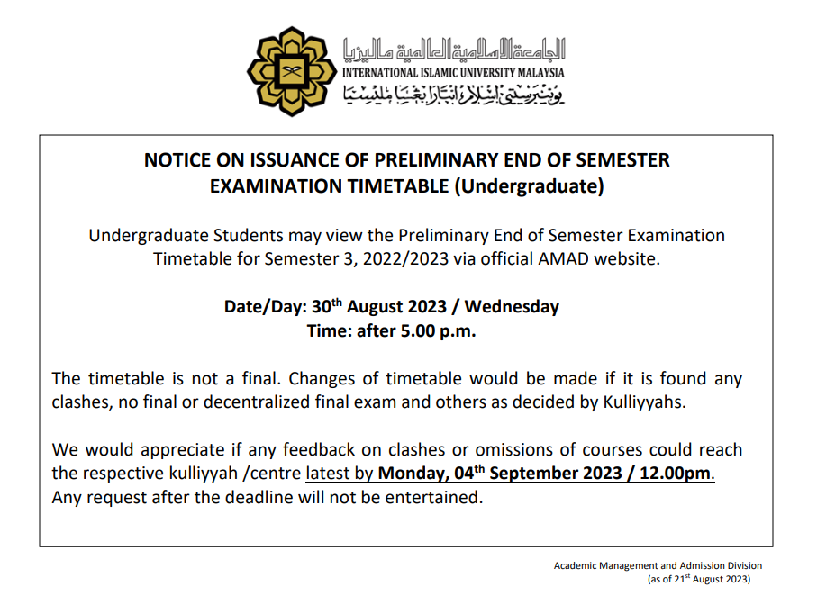 Notice on Issuance of Preliminary End of Semester Examination Timetable for Semester 3, 2022/ ...