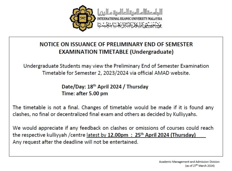Notice Issuance of Preliminary Exam Timetable – Sem 2, 2023-2024 ...