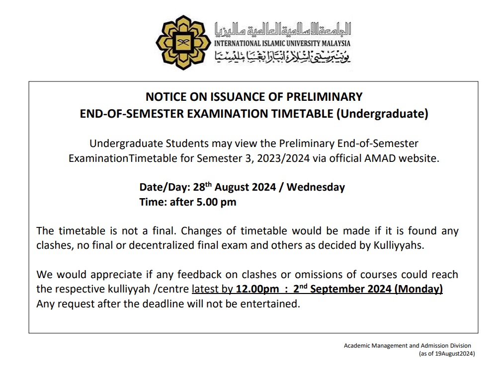 Notice Issuance of Preliminary Exam Timetable Semester 3 2023-2024 ...