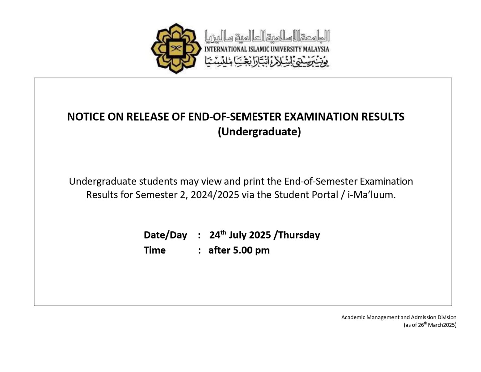 NOTICE ON RELEASE OF END-OF-SEMESTER EXAMINATION RESULTS SEMESTER 2 ...