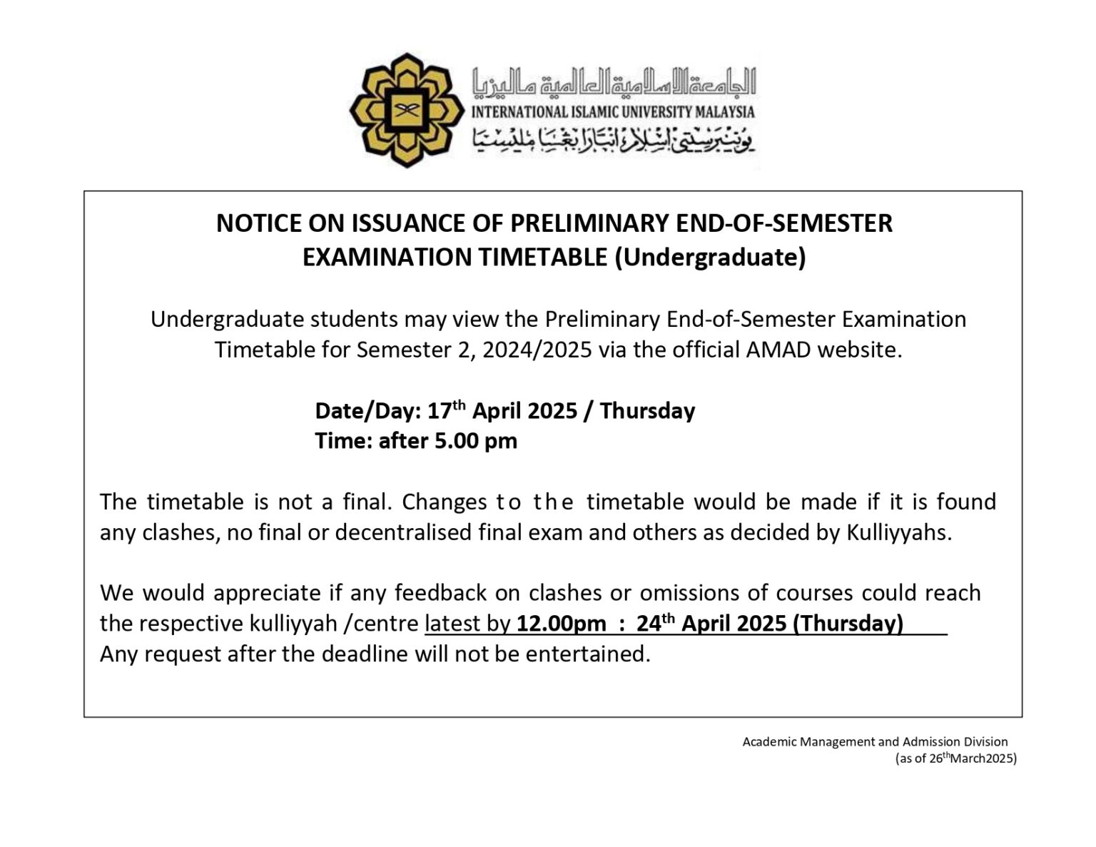 NOTICE ON ISSUANCE OF PRELIMINARY END OF SEMESTER EXAMINATION TIMETABLE ...
