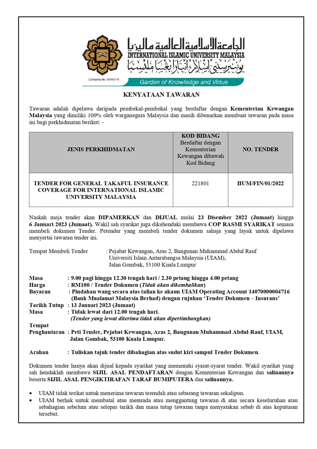 Announcement – Finance Division