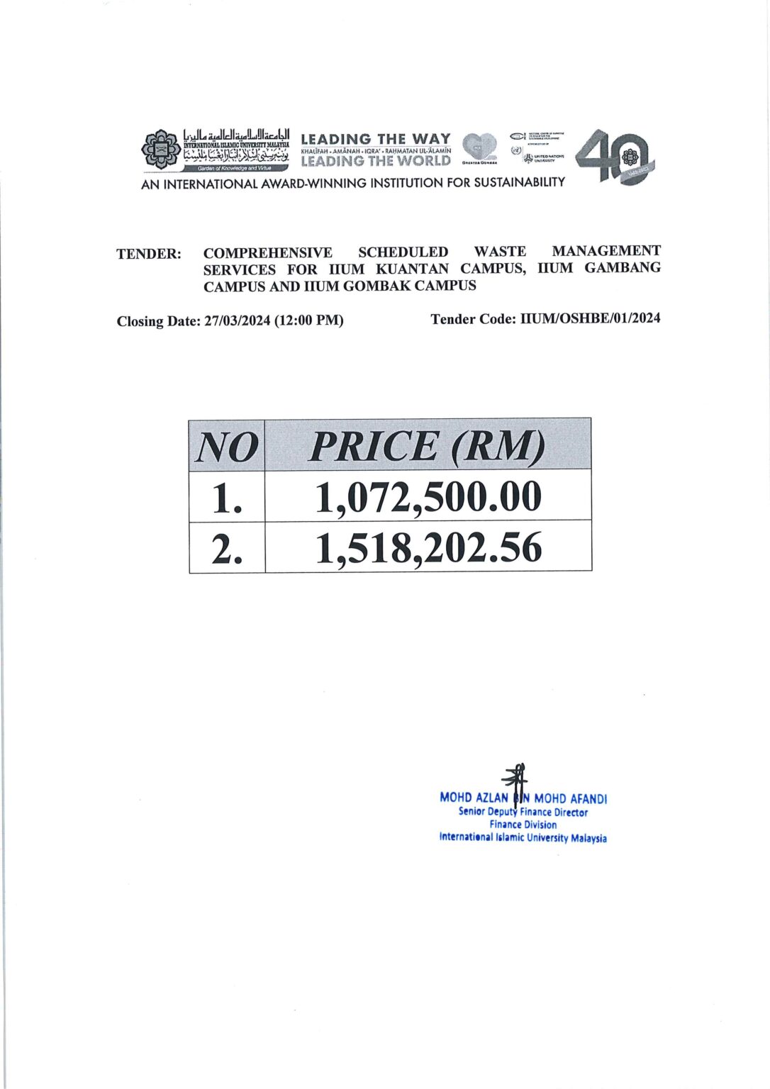 TENDER: COMPREHENSIVE SCHEDULED WASTE MANAGEMENT SERVICES FOR IIUM ...