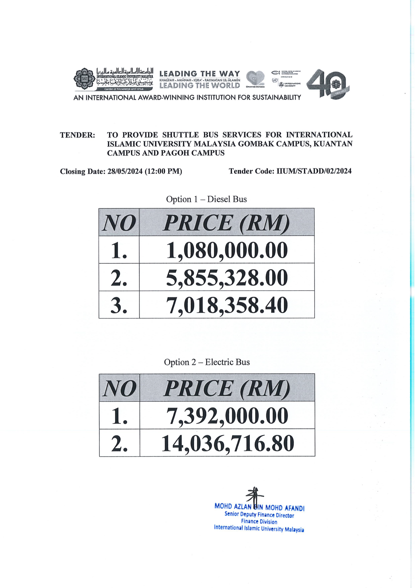 Price Listing-Tender to Provide Shuttle Bus Services for International ...
