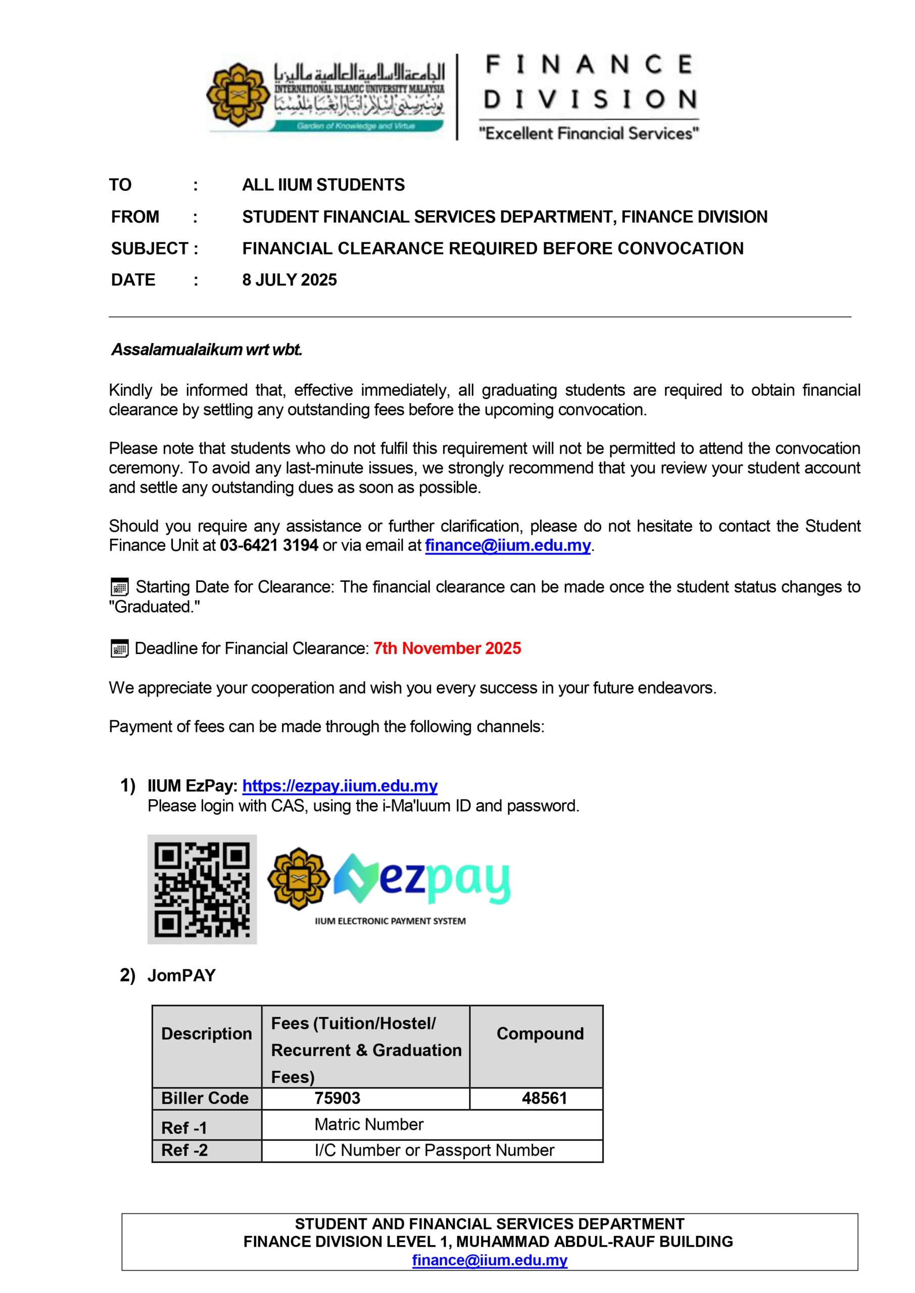 FINANCIAL CLEARANCE REQUIRED TO ATTEND CONVOCATION CEREMONY