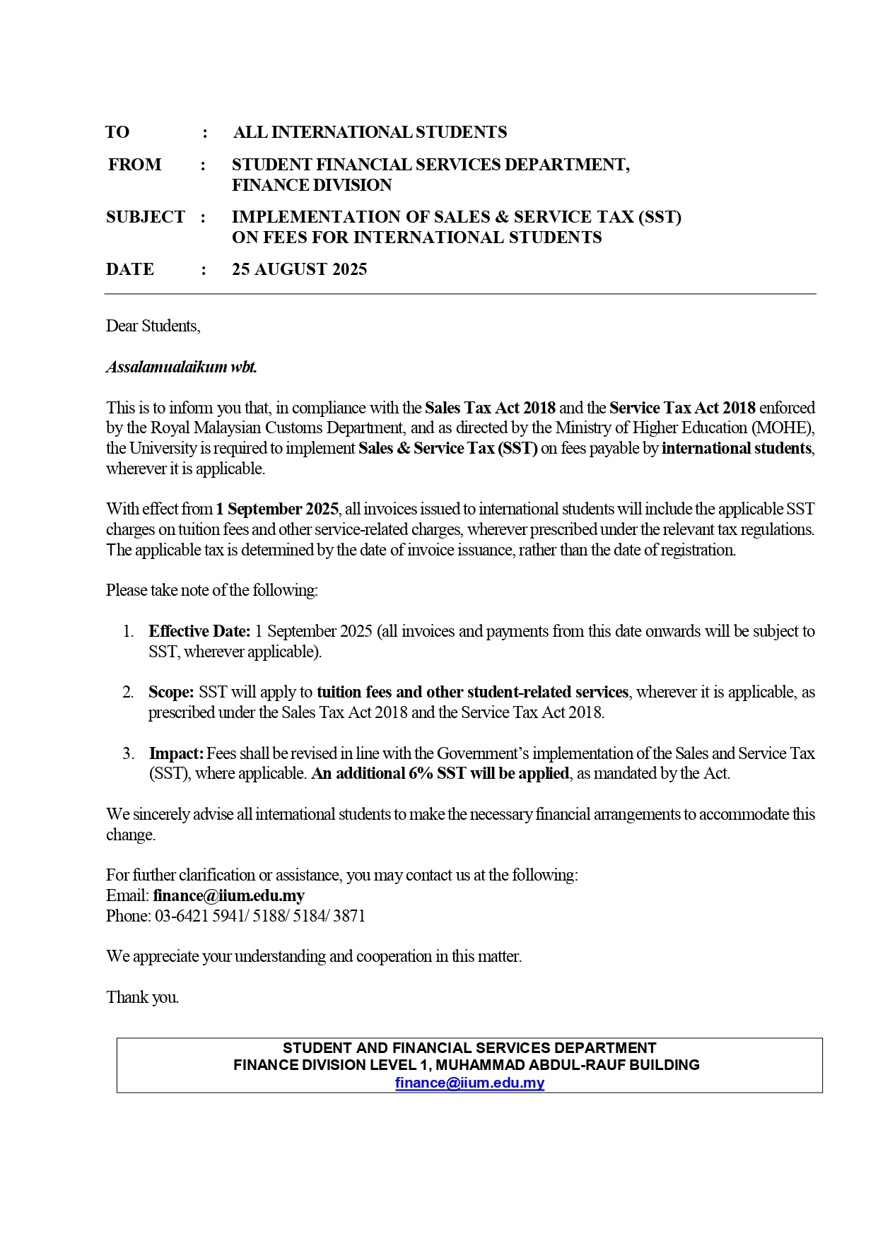 IMPLEMENTATION OF SALES & SERVICE TAX (SST)ON FEES FOR INTERNATIONAL ...