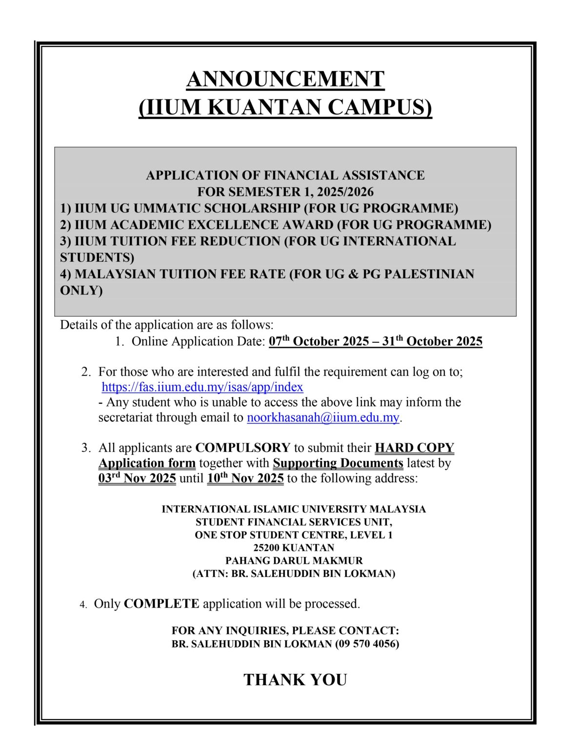 ANNOUNCEMENT OF APPLICATION FOR FINANCIAL ASSISTANTSHIP AND IIUM UG ...