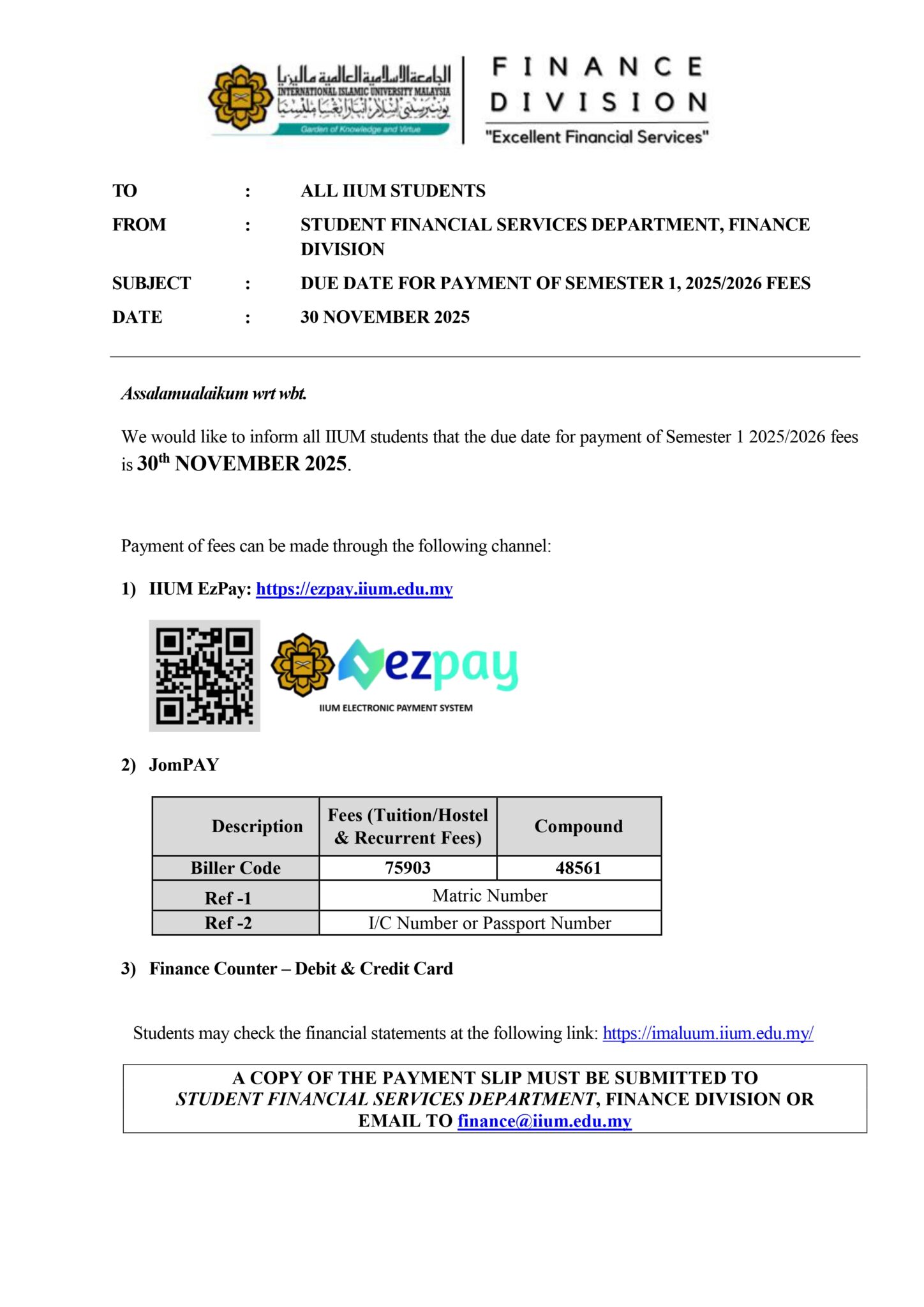 DUE DATE FOR PAYMENT OF SEMESTER 1, 2025/2026 FEES