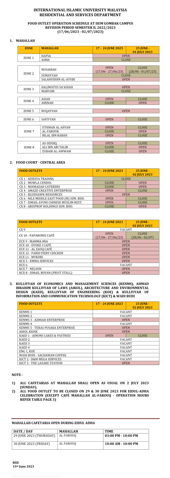 ANNOUNCEMENT ON OPERATION SCHEDULE FOR ALL FOOD OUTLETS AT IIUM GOMBAK ...